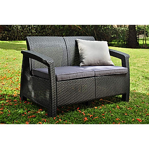Keter Corfu Resin Wicker Loveseat with Outdoor Cushions – Patio Furniture Perfect for Front Porch Décor and Poolside Seating, Grey