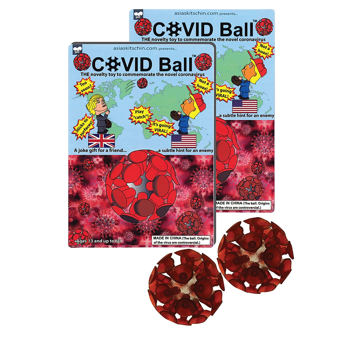 COVID Ball—Novelty Toy Suction Cup Ball and Packaging (2 Pack)
