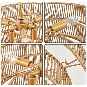 ELYCCUPA 6-Lights Hand-Woven Rattan Pendant Light 4 Round Transitional Minimalist Boho Large Pendant Light for Kitchen Island Dining Room Living Room Hallway, Dia 20 Inch, UL Listed