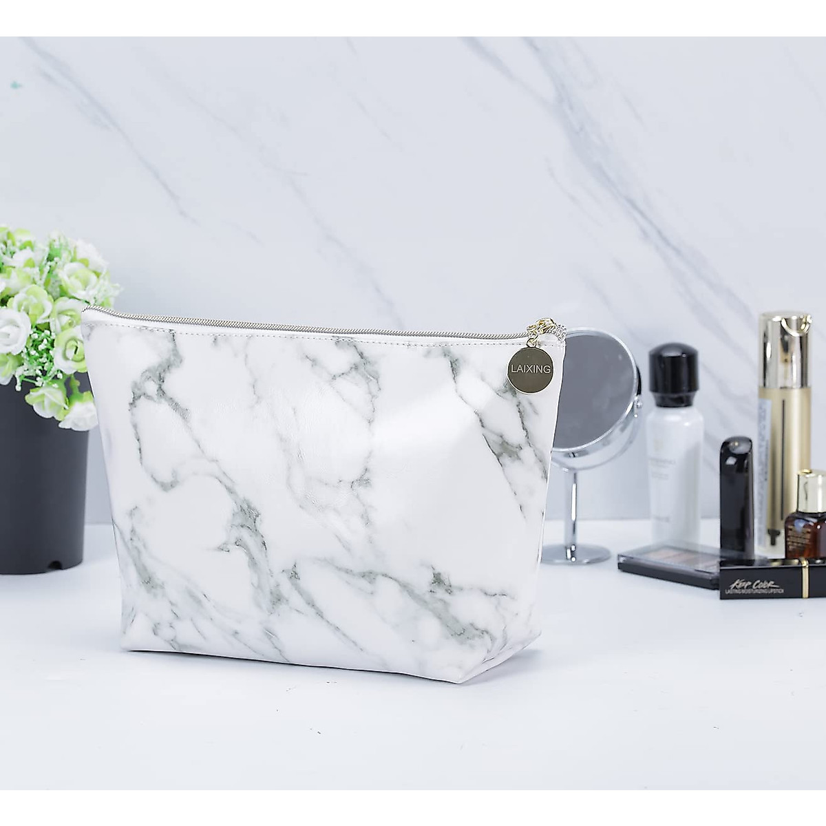 LAIXING Marble Makeup Bag Large Cosmetic Bag Portable Waterproof Organizer Bag Travel Toiletry Pouch for Women Girls