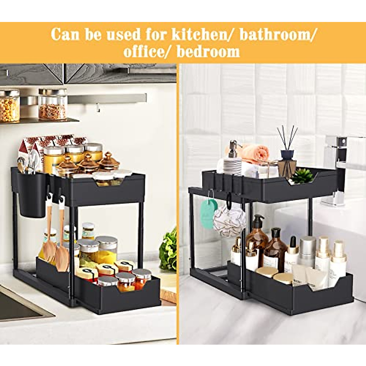 Under Sink Organizers and Storage, 2 Tier Sliding Under Cabinet Organizer with Adjustable Height, Multi-purpose Under Sink Kitchen Bathroom Organizer and Storage with Hook, Hanging Cup, Dividers