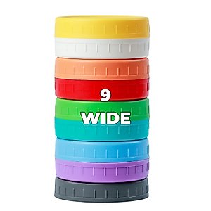 Bedgeta 9 Wide Mouth Mason Jar Lids with Silicone Ring,Thickened Leak-proof Lids Fit Ball,Kerr and More, 9 Color Plastic Lids, 86mm Plastic Mason Jar Lids
