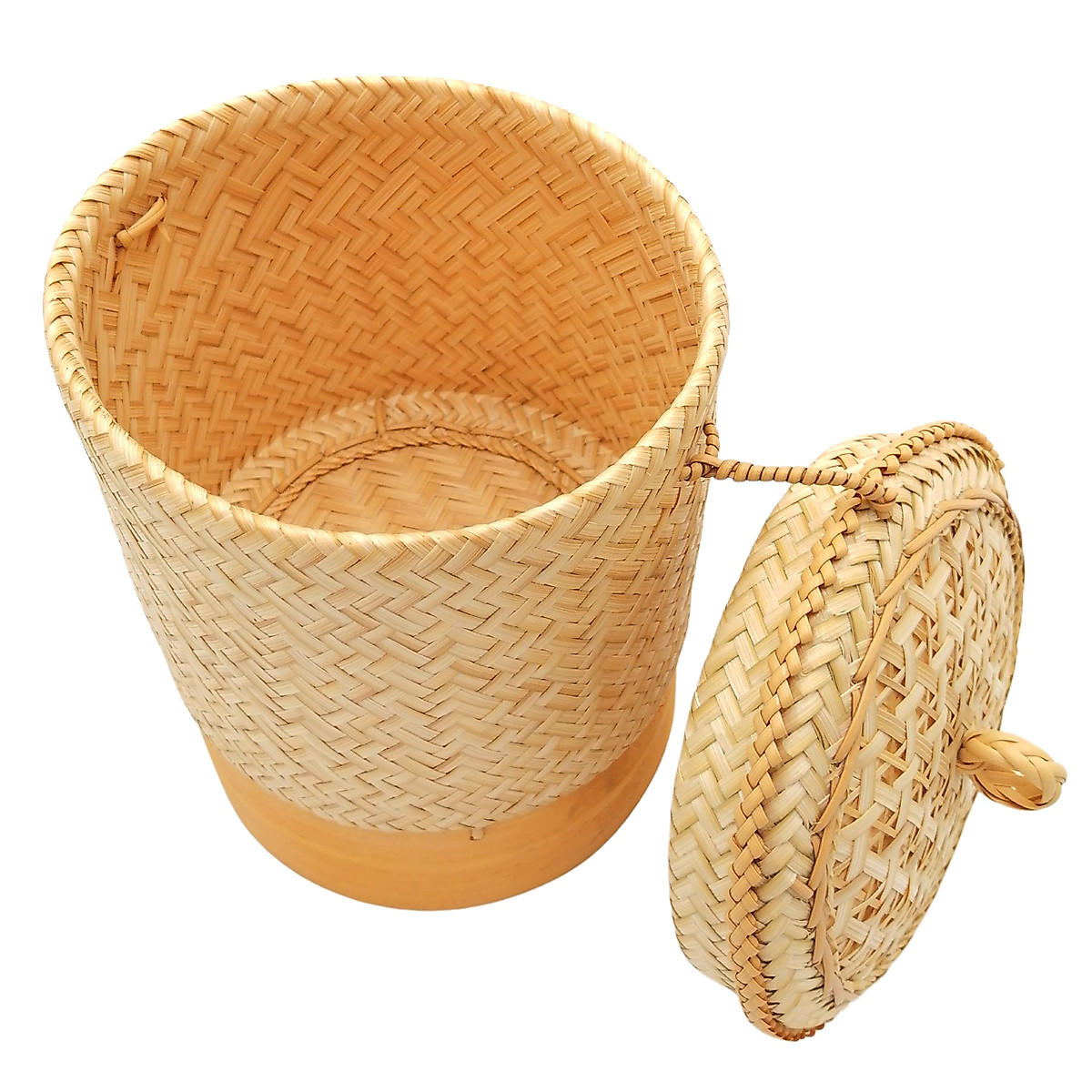 Bamboo Sticky Rice Serving Basket 6.5 x 5.5 Inch, Kratip, Intricately Woven Container, Cylinder-Shaped with a Lid, Thailand Handmade, Original Natural Bamboo Color (Original Natural Bamboo Color)
