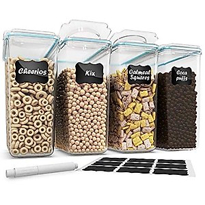 Cereal Container Storage Set - 100% Airtight Food Storage Containers, 18 Labels and Pen, Great for Flour - BPA Free Dispenser Keepers (135.2oz) 4PC - Shazo