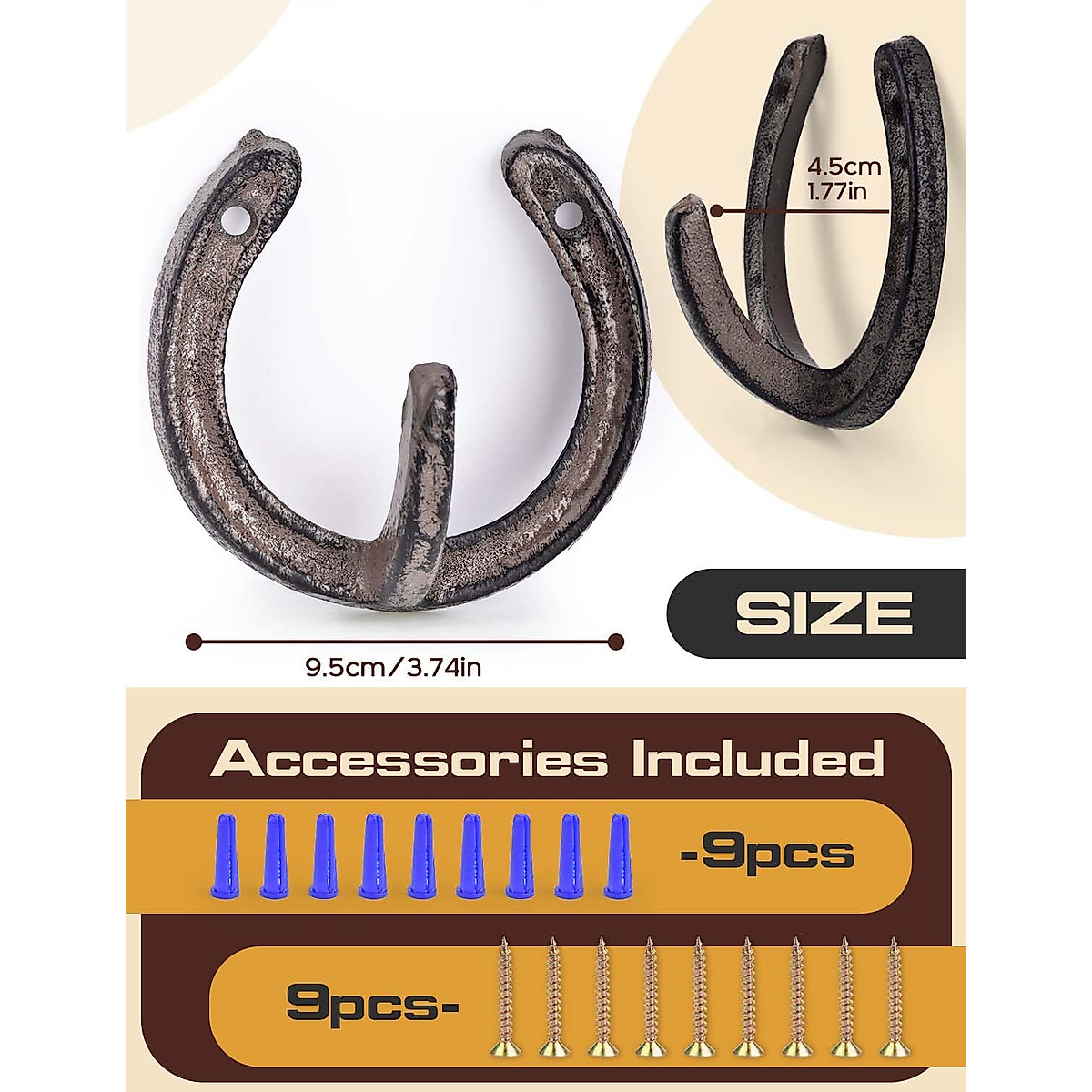 4 PCS Coat Hooks Cast Iron Wall Hooks Horseshoe Hooks Vintage Hanger for Hanging Coat Hat Bags Key Towel(Rust)