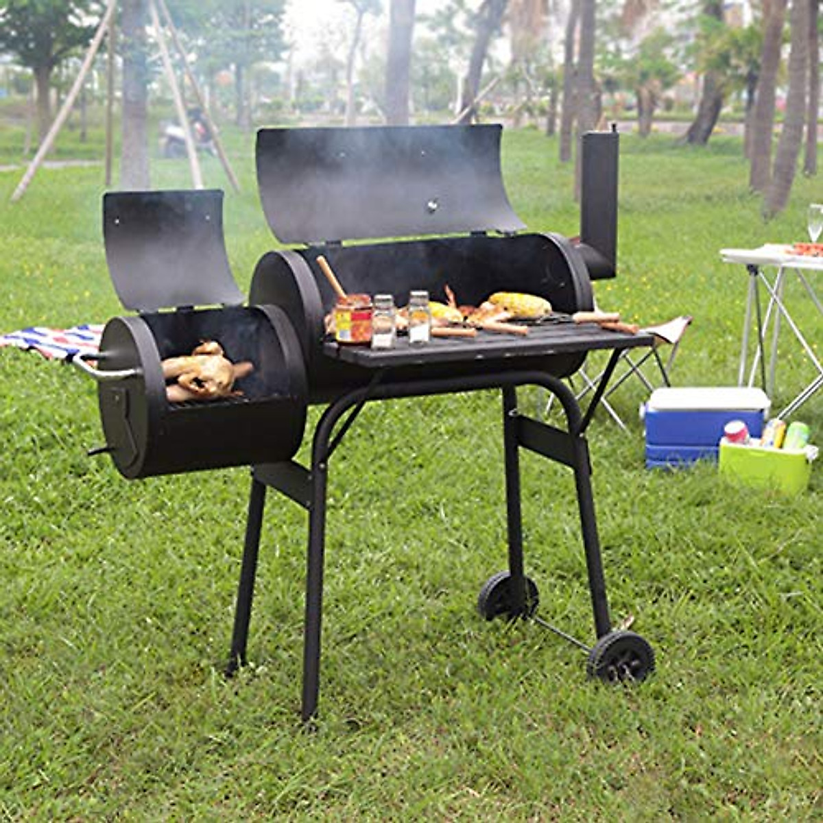 RJMOLU BBQ Grill Charcoal Barbecue Grill Home Meat Cooker Smoker with Offset Smoker and Fold-Down Shelf, Outdoor Picnic Camping Garden Roaster for 8-12 People,A