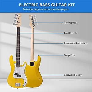 Ktaxon 4 String Electric Bass Guitar, PB-Style Full Size Standard Right Handed Beginner Kit with 20W AMP Gig Bag Strap for Youths & Adults (Yellow)