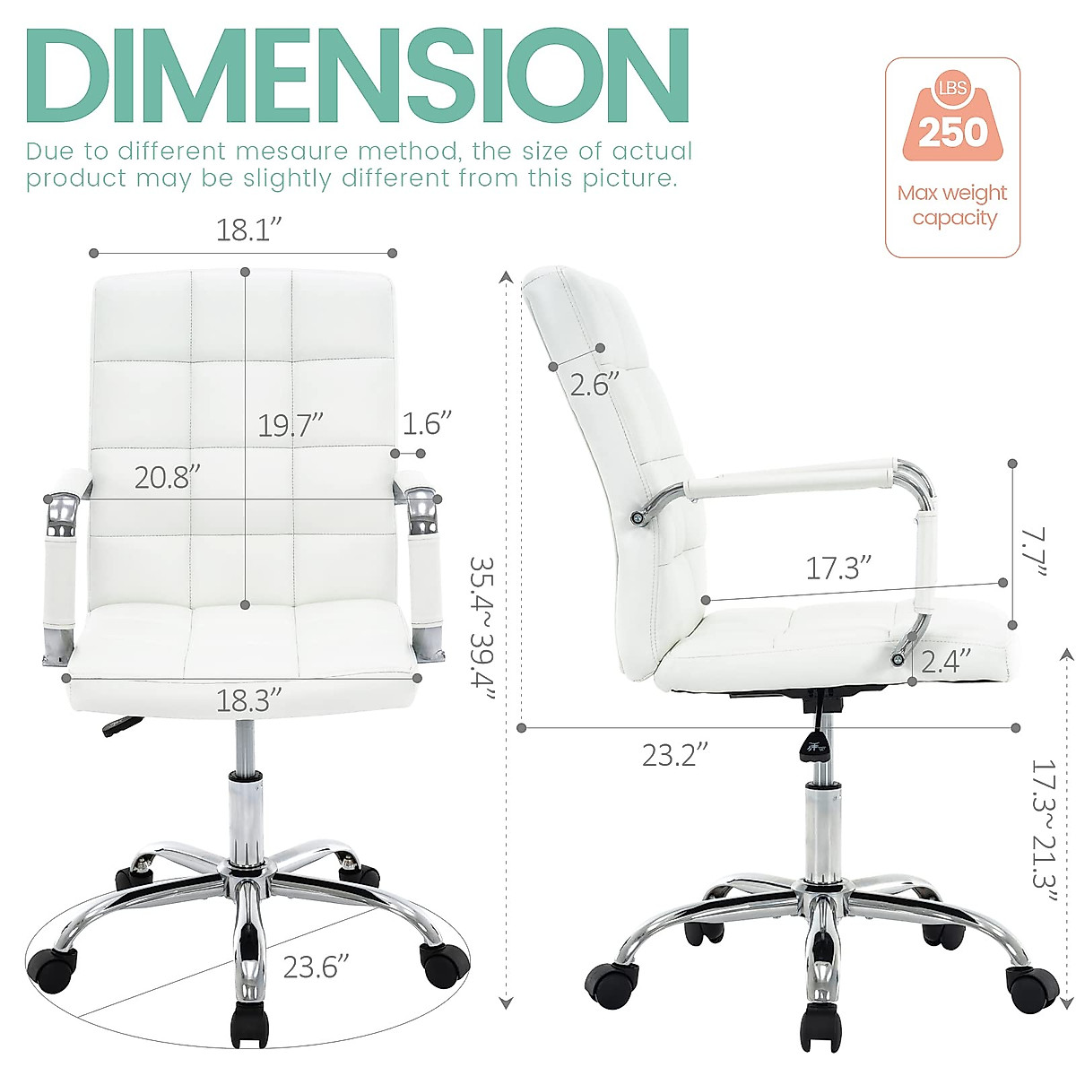 MFD LIVING High Back Desk Chair, Modern PU Leather Home Office Task Chair with Arms, Adjustable Swivel Computer Executive Chair with Wheels (Pearl White)