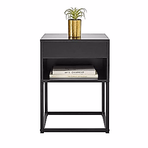 MUSEHOMEINC Simple End Table with Drawer and Shelf for Any Room,Nightstand,Metal Leg Design (Black)