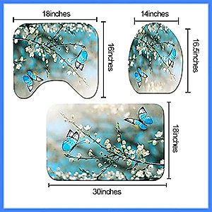 4 Piece Set Butterfly Shower Curtain Turquoise Animal Bathroom Decor Teal Butterflies on Flower Tree Branch Polyester Fabric Bathtub Sets with Toilet Lid Cover Anti-Slip Mat Shower Rugs