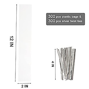 HAPY SHOP Clear Cellophane Treat Bags,300 PCS Plastic Treat Bags Pretzel Bags for Chocolate Candies Pretzel Cookies Party Favor Gift Bags with 300 PCS Silver Twist Ties (2.4 by 12 Inch)