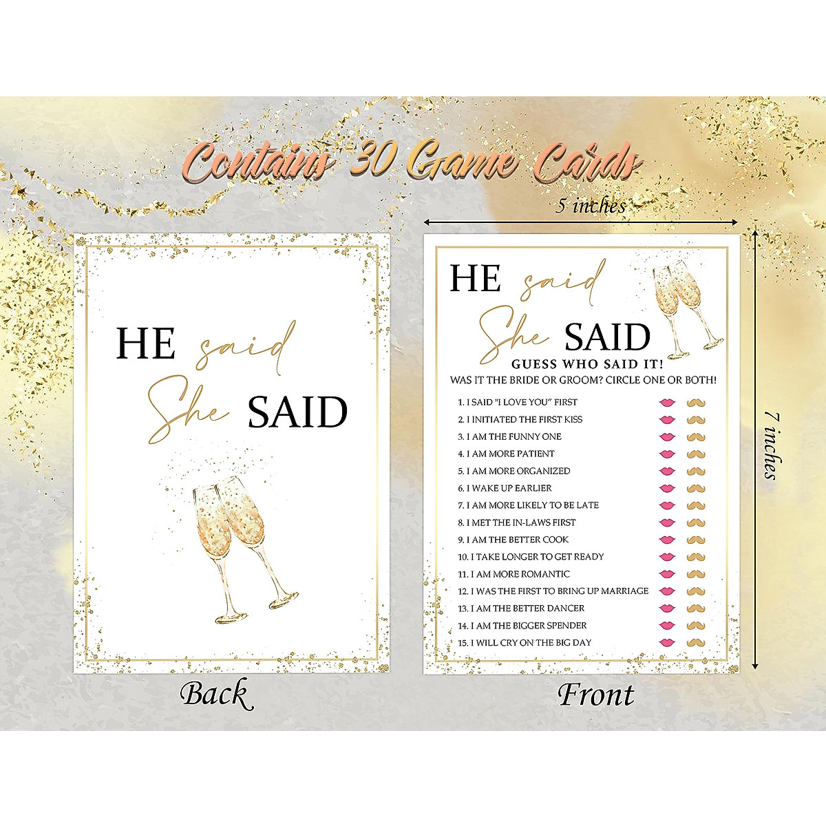 He Said She Said Bridal Shower Games, Wedding Shower and Bachelorette Party - Set of 30 Cards, Gold Champagne Bridal Wedding Activities Game Cards for Guests, Bridal Shower Party Decorations-LH1