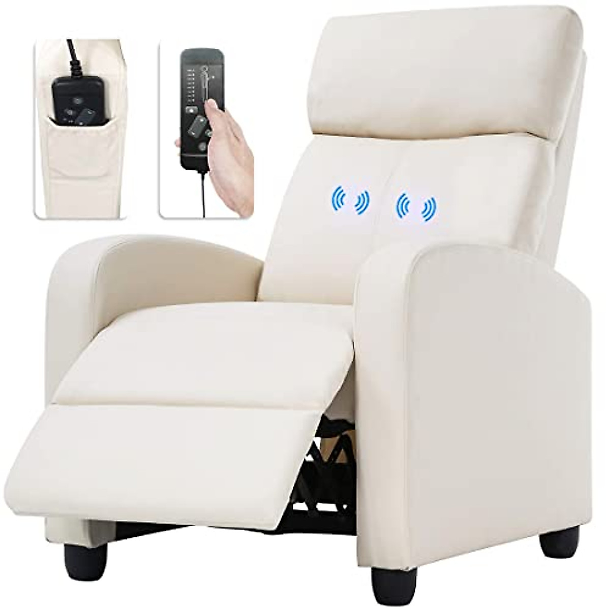 TYNB Lazy Boy Recliner, Massage Recliner with PU Leather Padded Seat Backrest Recliner Chair for Living Room Sofa Reading Chair Home Theater Seating Modern Reclining Chair Easy Lounge, Beige