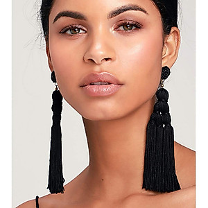 CALORVIA Boho Long Tassel Dangle Drop Earrings Trendy Handmade Layered Fringe Large Chandelier Statement Formal Jewelry for Women (Black)