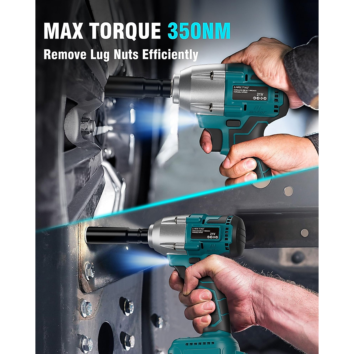 LHRETXQ 1/2 inch Cordless Impact Wrench, Torque 258ft-lbs(350N.m), 3500 RPM, 21V Electric Brushless Power Impact Gun for Lug Nuts with 2.0Ah Battery, 1/4 inch Impact Driver, Charger & Kit Case