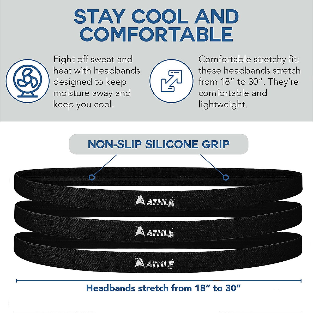 Athlé Skinny Headbands for Women and Men - 6 Pack - Elastic Headbands for Women and Men - Non Slip Silicone Grip - Lightweight and Comfortable Thin Headbands - Black