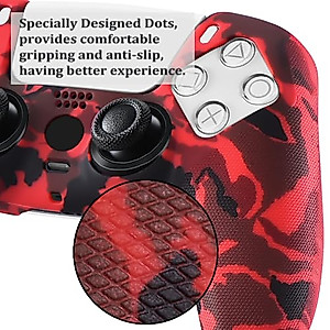 YoRHa Grip Texture Printing Silicone Cover Skin for PS5 Controller x 2(Camouflage Red+Blue) with Pro Thumb Grips x 8