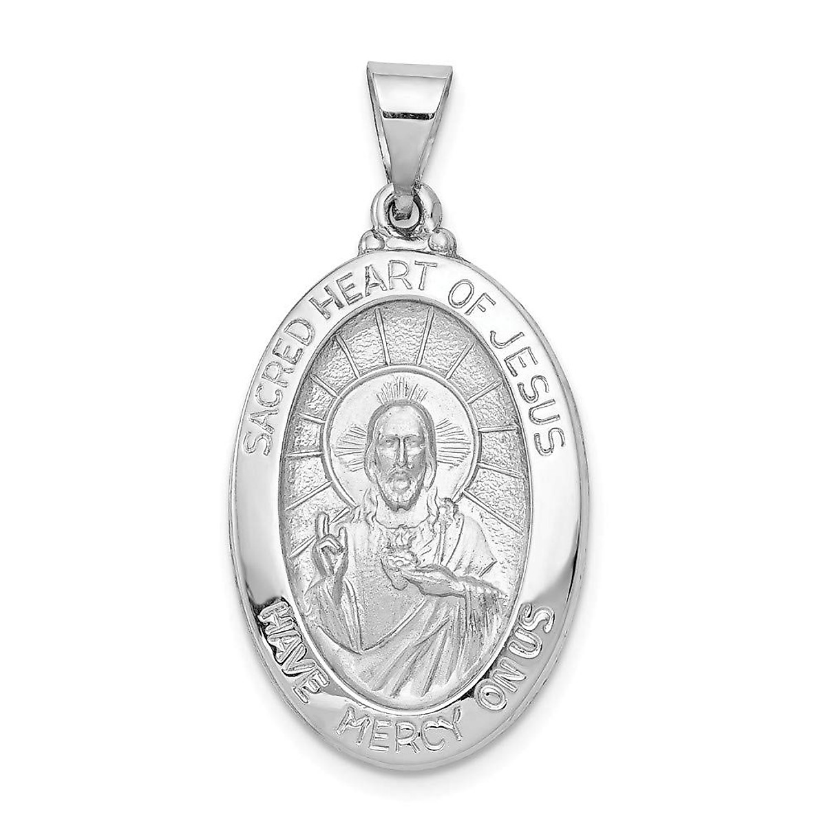 Solid 14k White Gold Polished and Satin Sacred Love Heart of Jesus Medal Pendant (27mm Height x 17mm Width)
