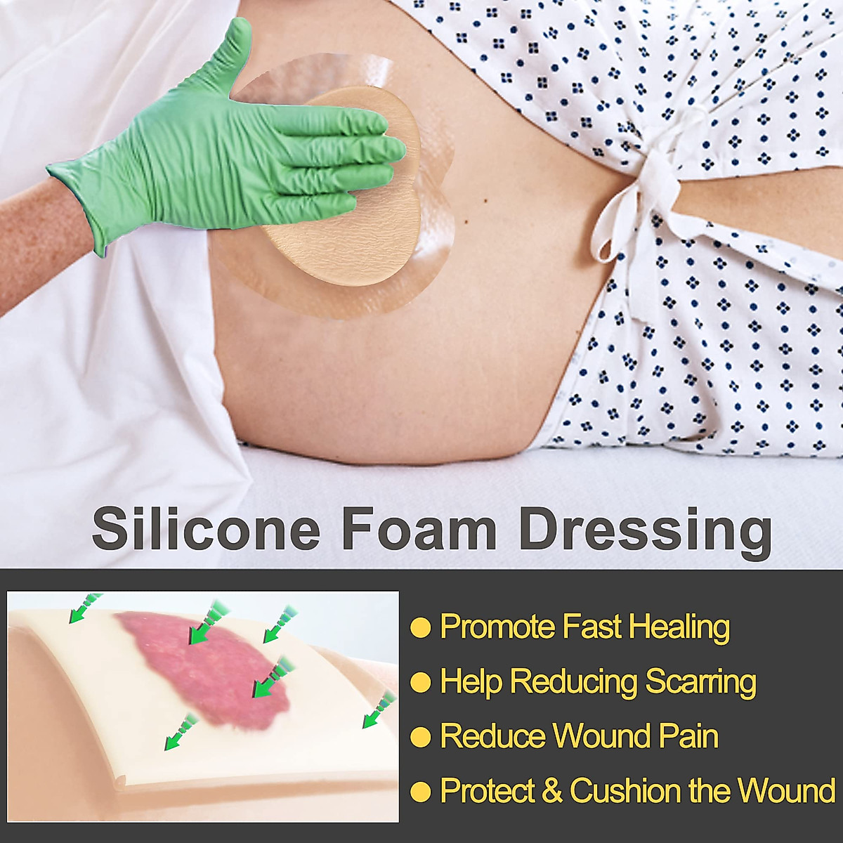 LotFancy Sacral Foam Dressing, 7"x 7", 5 Count, Silicone Foam Dressing, Wound Dressing with Border, Sacrum, Bed Sores, Pressure Ulcers Healing Bandage Pad, Highly Absorbent, Waterproof