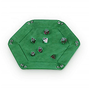 Kimairy DND Metal Dice Tray, Dice Folding Hexagon Tray Leather Dice Holder Velvet Rolling Storage Tray for Dice Games RPG DND Other Table Games and Candy Holder Storage Box (Green)