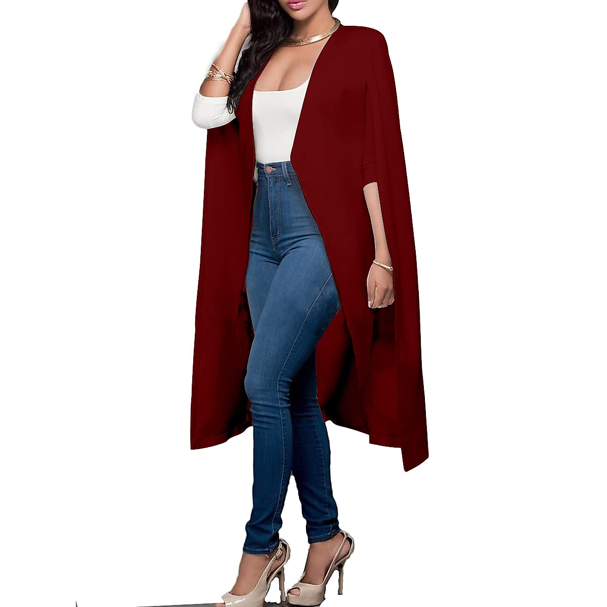 LYANER Women's Cape Long Sleeve Work Wear Blazer Jackets Long Cape Coat Burgundy# XX-Large