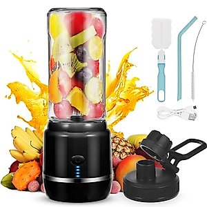Kqiang Portable Blender, USB Rechargeable, 400ml Capacity, 360 High-Speed Cutting and Mixing, Six Blade Design, Black