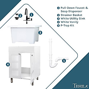 Utility Sink with White Vanity Cabinet by JS Jackson Supplies, Black High-Arc Pull-Down Sprayer Faucet, Soap Dispenser and Spacious Vanity for Laundry Room