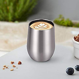 Stainless Steel Wine Tumbler 12Oz, Double Wall Vacuum Insulated Wine Tumbler with Lid and Straw, Stainless Steel Stemless Wine Glass for Wine, Coffee, Cocktails, Champaign, Ice Cream, Silver…