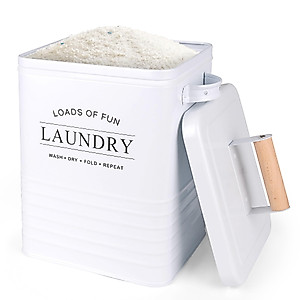 Metal Laundry Powder Detergent Container for Laundry Room Organization and Storage, Large Airtight Laundry Soap Dispenser with Scoop and Handles, Modern Farmhouse Laundry Pods Container, White