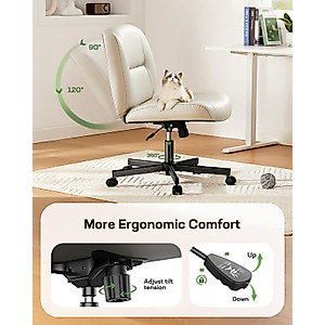 Marsail Criss Cross Chair with Wheels, Scratch-Resistant PVC Leather Cross Legged Office Chair, Wide Mid-Back Comfy Armless Desk Chair, Height Adjustable Vanity Computer Chair for Home Office