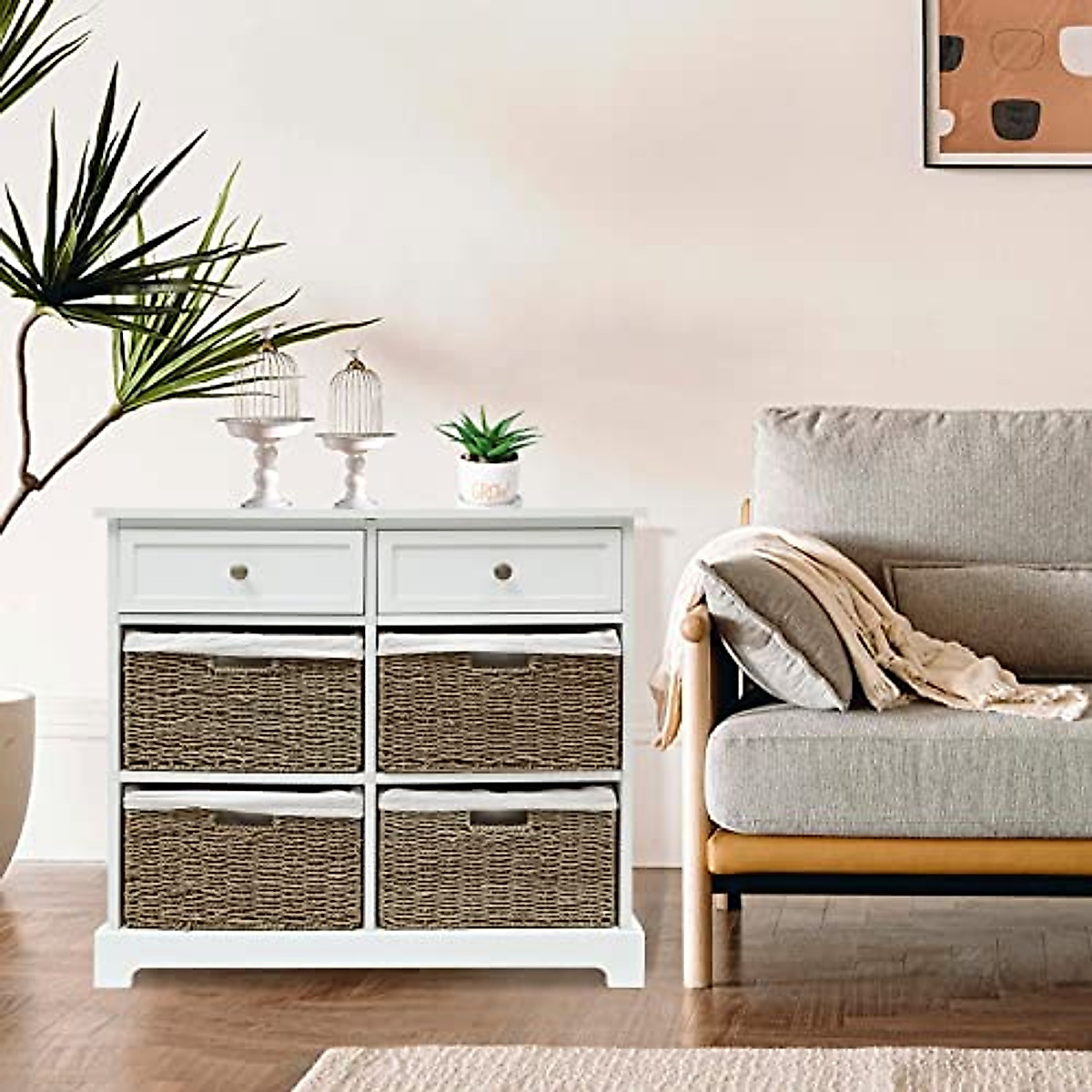 White Storage Cabinet with Baskets, Wicker Storage Cabinet with 2 Drawers and 4 Wicker Baskets, Farmhouse Wicker Basket Storage Tower for Kitchen Entryway, Wicker Dresser, Accent Table (White)