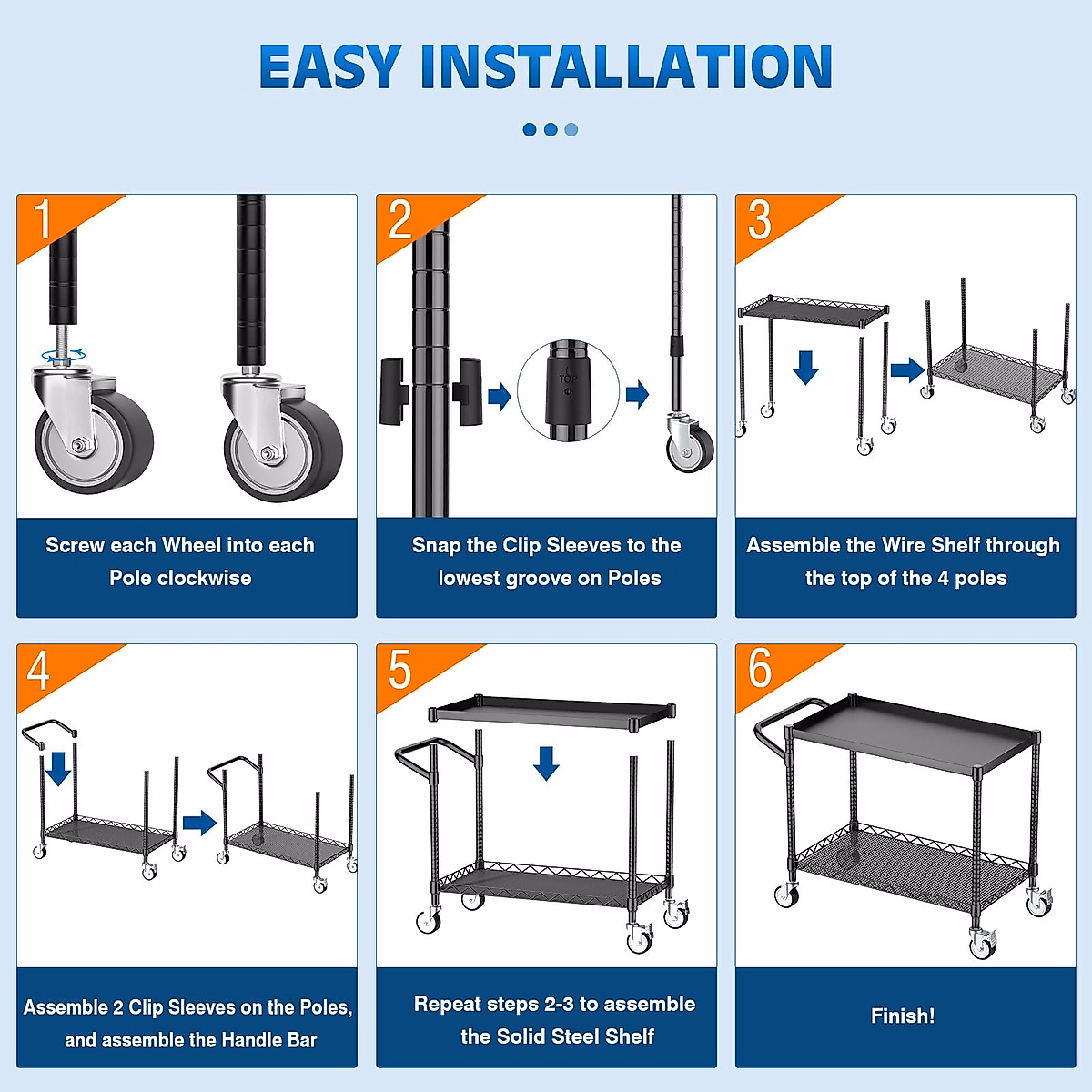 Leteuke 2 Tier Utility Cart with Wheels, NSF Certified 900LBS Capacity Heavy Duty Rolling Utility Carts with Handle Bar, Commercial Grade Metal Serving Storage Cart for Warehouse Kitchen, Gold