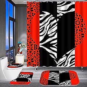 Poedist 4 Pcs Bathroom Shower Curtain Set,Red Leopard Print Shower Curtain Bright Style Shower Curtain Sets with Rugs(Bath Mat,U Shape and Toilet Lid Cover Mat) and 12 Hooks