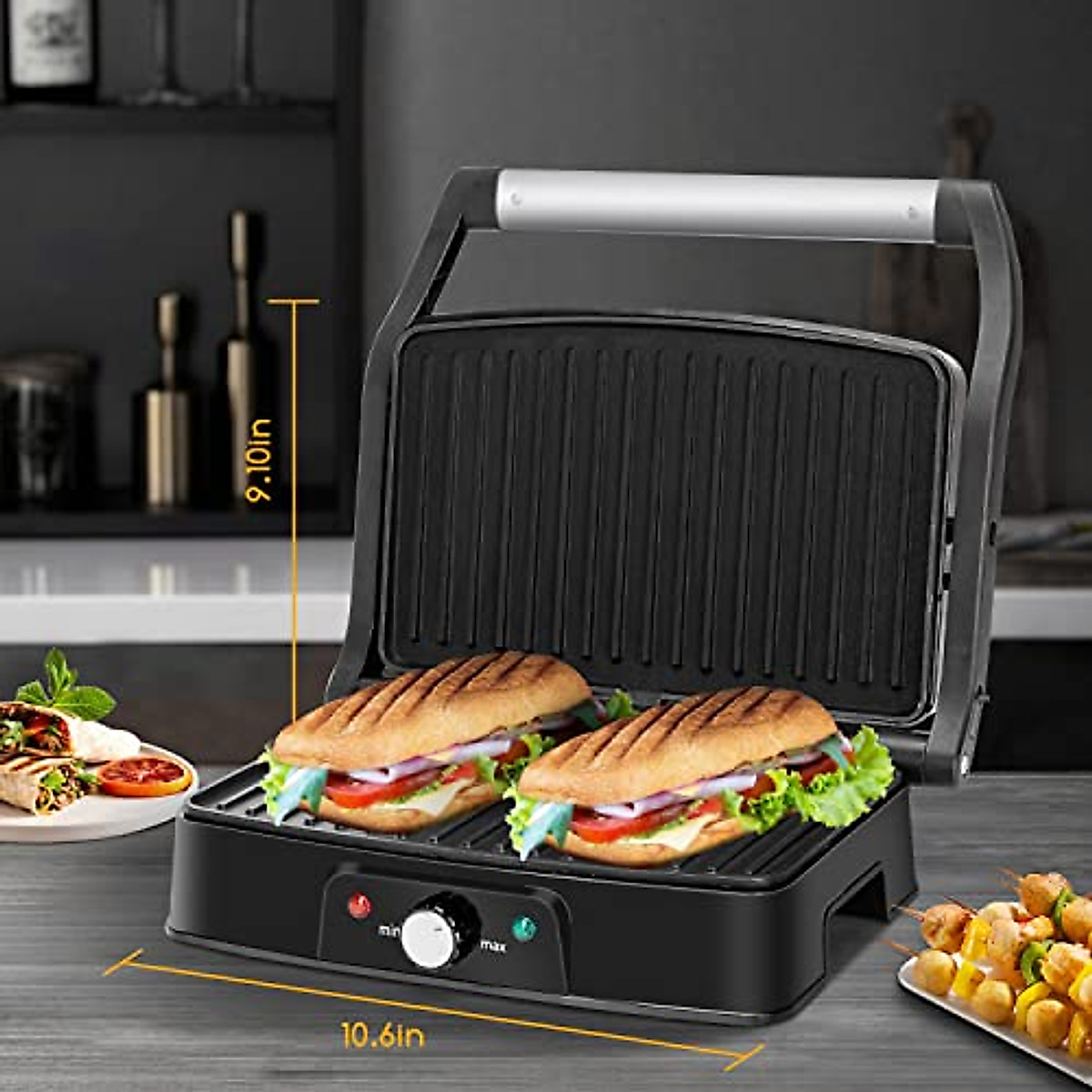 Aigostar Electric Panini Press, 1500W Stainless Steel Sandwich Maker with Adjustable Temperature Setting, Opens 180 Degree Indoor Grill with Non-stick Plates, Removable Drip Tray and Indicator Lights
