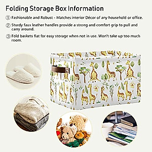Rectangular Storage Basket Storage Bin - Tropical Palm Leaves Giraffe Collapsible Storage Box with Leather Handles Fabric Organizer Bin Organizer for Boys and Girls