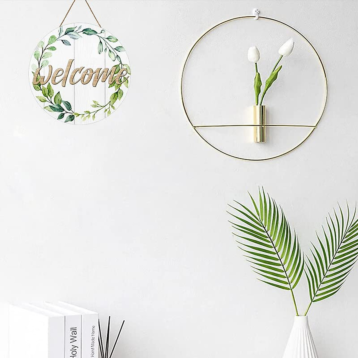 Rustic Wooden Hanging Decor Welcome Sign for Front Door or Covered Outdoor Porch, Farmhouse Home Outdoor Indoor Decor, White (12*12 inch)