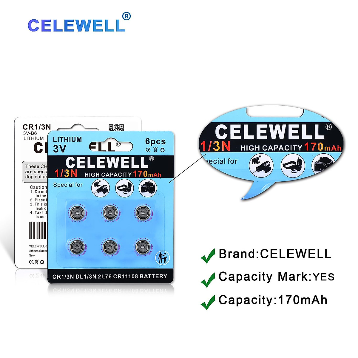 CELEWELL 6 Pack DL1/3N CR1/3N 3V Lithium Battery 170mAh【7-Year Warranty】