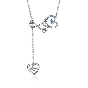 YFN Sterling Silver Stethoscope Jewelry Heartbeat EKG Adjustable Lariat Y Necklace for Women Doctor Nurse Gift
