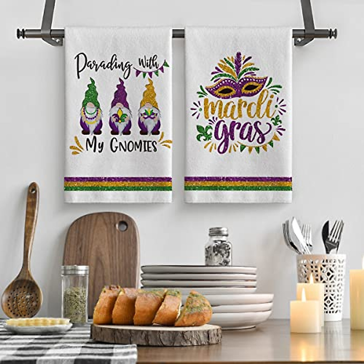 Artoid Mode Parading with My Gnomies Happy Mardi Gras Mask Home Kitchen Towels, 18 x 26 Inch Holiday Ultra Absorbent Drying Cloth Dish Towels for Cooking Baking Set of 2