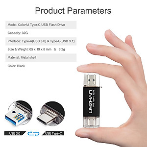 LEIZHAN USB C Flash Drive 32GB Type C Thumb Drive for Samsung Galaxy S10, S10e, S9, S8, S8 Plus, LG G5 G6, Google Pixel XL Data Storage Photo Stick USB 3.0 Type C Pendrive, Black