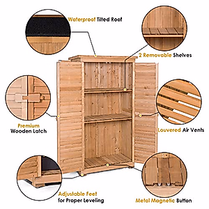 Safstar Outdoor Storage Shed, Wooden Tool Storage Shed w/ Detachable Shelves & Pitch Roof & Shutter Vents, Garden Storage Cabinet for Backyard Patio Deck Porch, 34.5”L x 18.5”W x 63”H, Natural