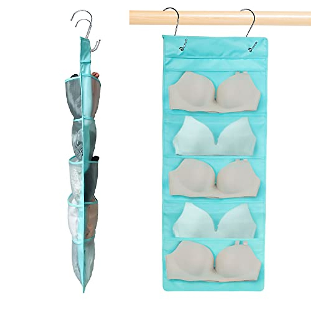 2 Pack Hanging Closet Organizer and Storage, Underwear Sock Bra Leggings Organizer Hanging Bags, Hanging Wardrobe Clothes Organizer with Dual Sided 10 Mesh Pockets and 2 Metal Hooks Cnzodiac
