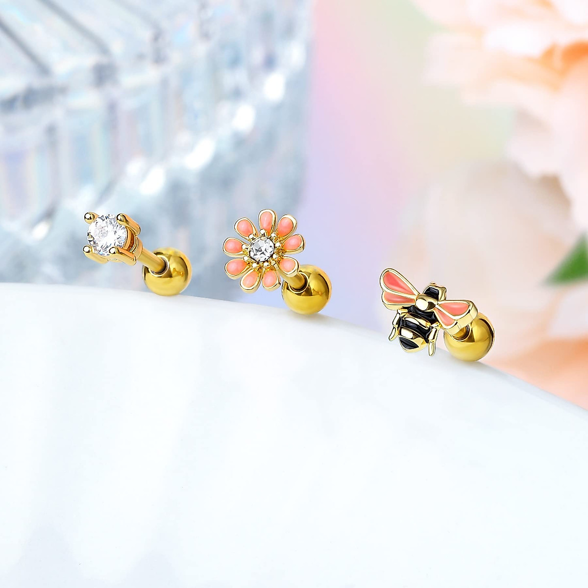 CM Crareesi Mania 3Pcs Cute Bee Cartilage Earrings Pack 316L Stainless Steel Helix Dainty Bee 16G Tragus Conch Gold Cartilage piercing jewelry Pack