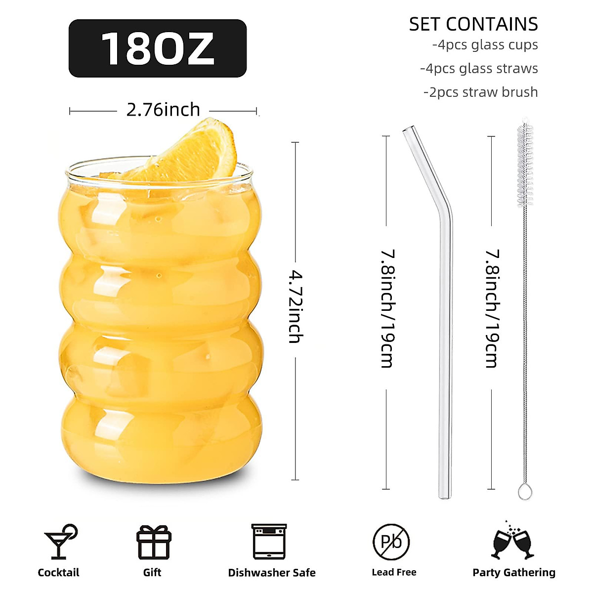 KEMORELA 18oz Wave Shape Beverage Glasses With Straws,Vintage Glass Cups Wine Mugs Of 4 Set, Ripple Drinking Glasses,for Juice Beer Wine Champagne Cocktail Home Kitchen Bar Mixed Drinks (4PCS-Clear)