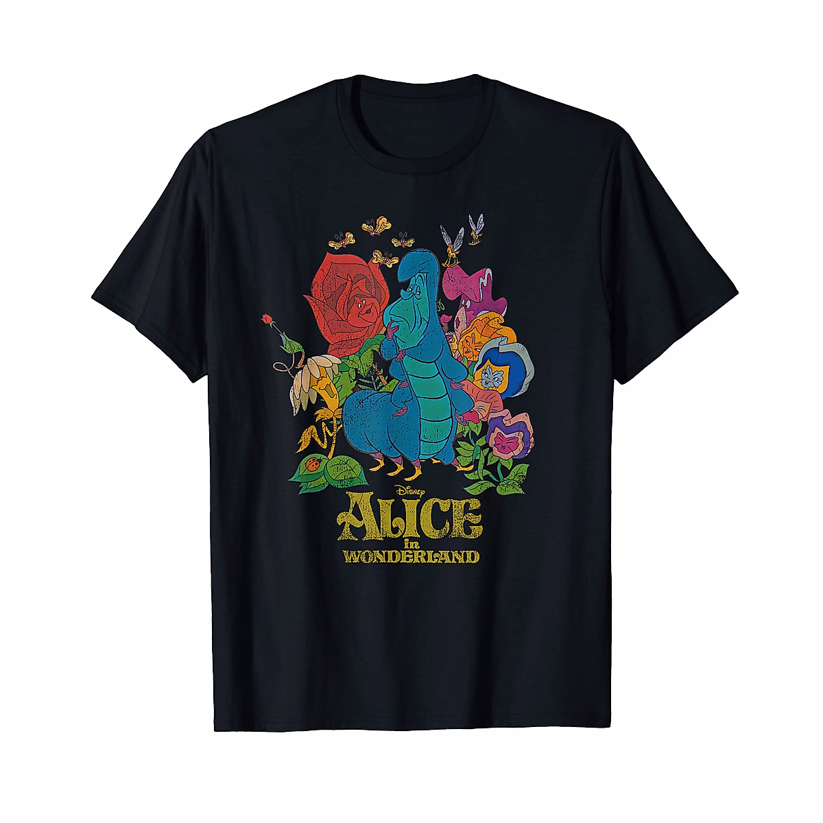 Alice in Wonderland Caterpillar and Living Flowers Retro T-Shirt