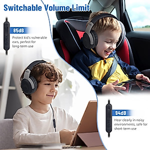 rockpapa Share 1 Kids Headphones Wired with Microphone & Share Port, 85dB/94dB Volume Limited, Cute Foldable Student Child Boys Girls Headphones for School/Classroom/Travel Black/Grey