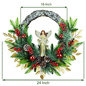 24" Angel Christmas Wreath, Artificial Holiday Wreath with Resin Angel Statue, Natural Rattan Ring & Pine Cones, Golden Leaves, Red Baubles, Spruce Branches, Snowy Pine Needles (Angel)