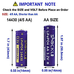 funkawa (8-Pack) Shockli 14430 3.2 Volt 450mAh LiFePo4 Rechargeable 3.2V Solar Battery for Solar Panel Outdoor Garden Lights Light【NOT AA Battery】