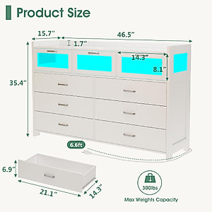 Alohappy White Dresser for Bedroom, 9 Drawers Dresser with LED Lights and Charging Station, Chest of Dresser for Bedroom with 3 Visual Drawers, Wood Drawer Organizer for Bedroom, Living Room, Hallway