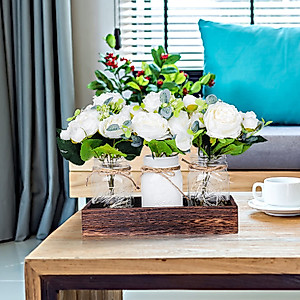 Fowecelt Mason Jar Lights Centerpiece Decorative Wood Tray with Artificial Rose Flowers, Rustic Country Farmhouse Home Decor for Herb Plants Coffee Table Dining Room Living Room Kitchen Garden